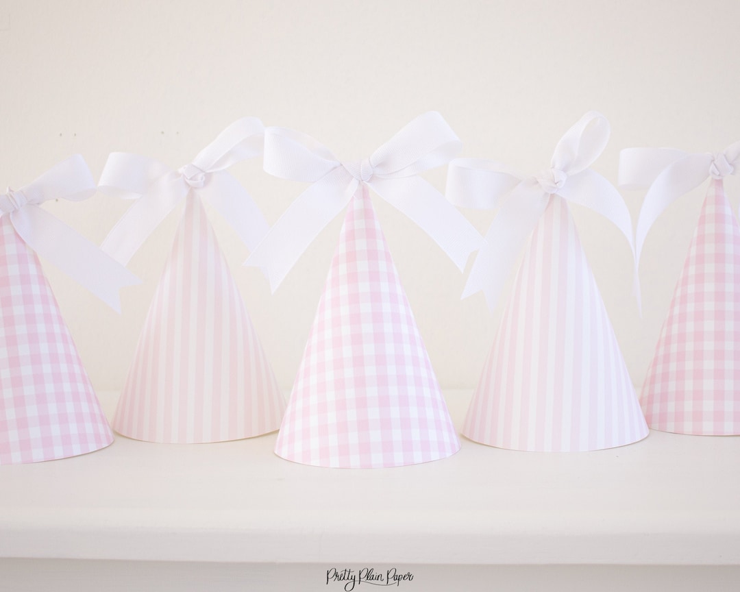 Pink Gingham Party Hat Printable & Pink Stripe Party Hat Template ...
