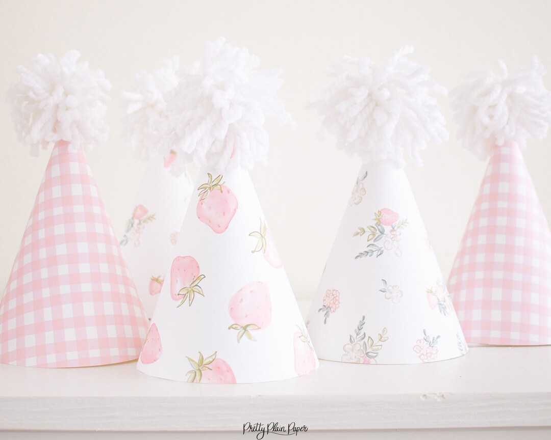 Pink Strawberry Party Hats, Pink Floral Party Hats & Pink Gingham Party ...