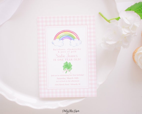 Pink Gingham Watercolor Rainbow and Four Leaf Clover Birthday | Etsy