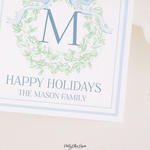 Blue Bow Monogram Wreath Watercolor Christmas Gift Tag or Holiday Treat ...