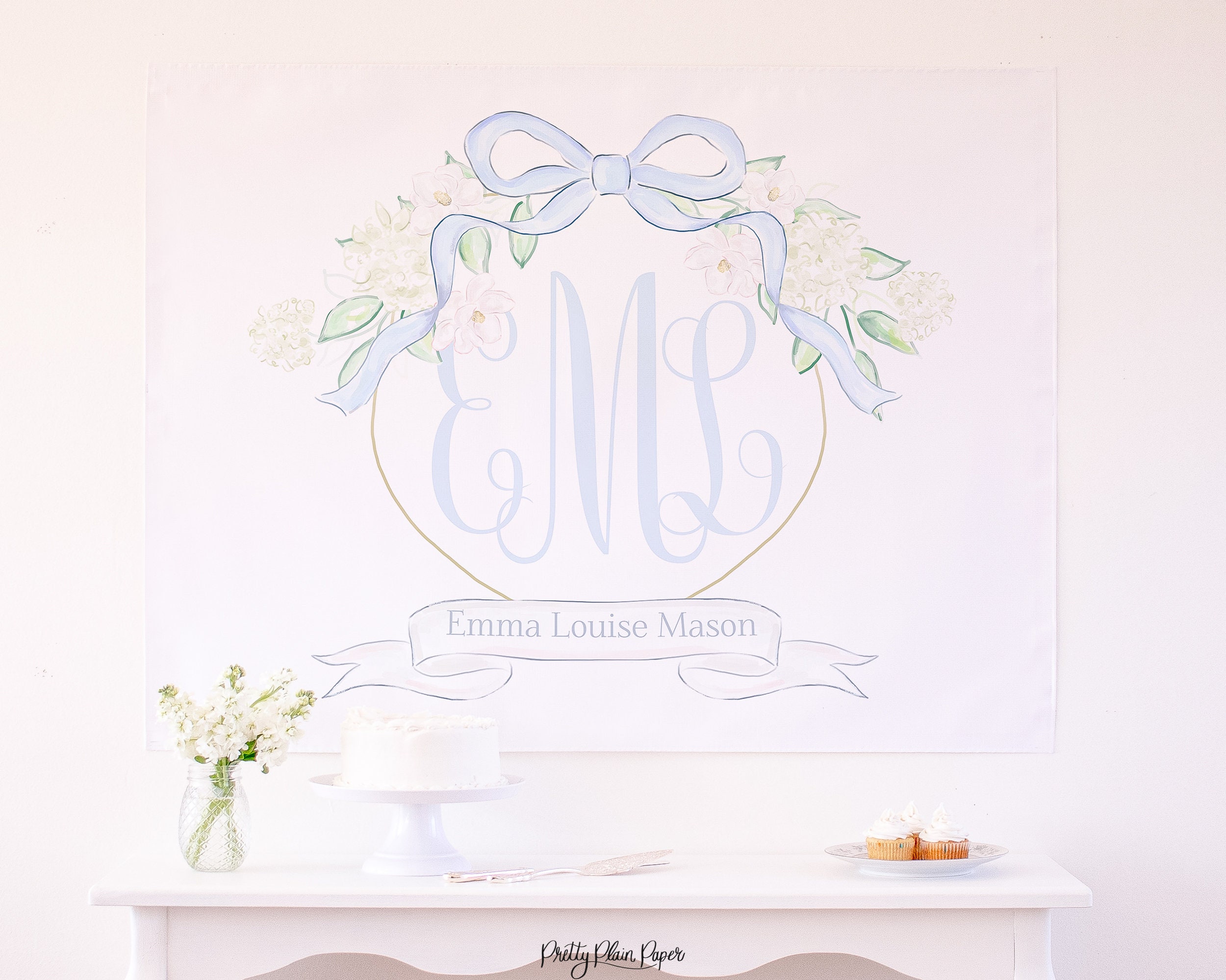 Watercolor Blue Floral Crest Backdrop Printable Download - Etsy