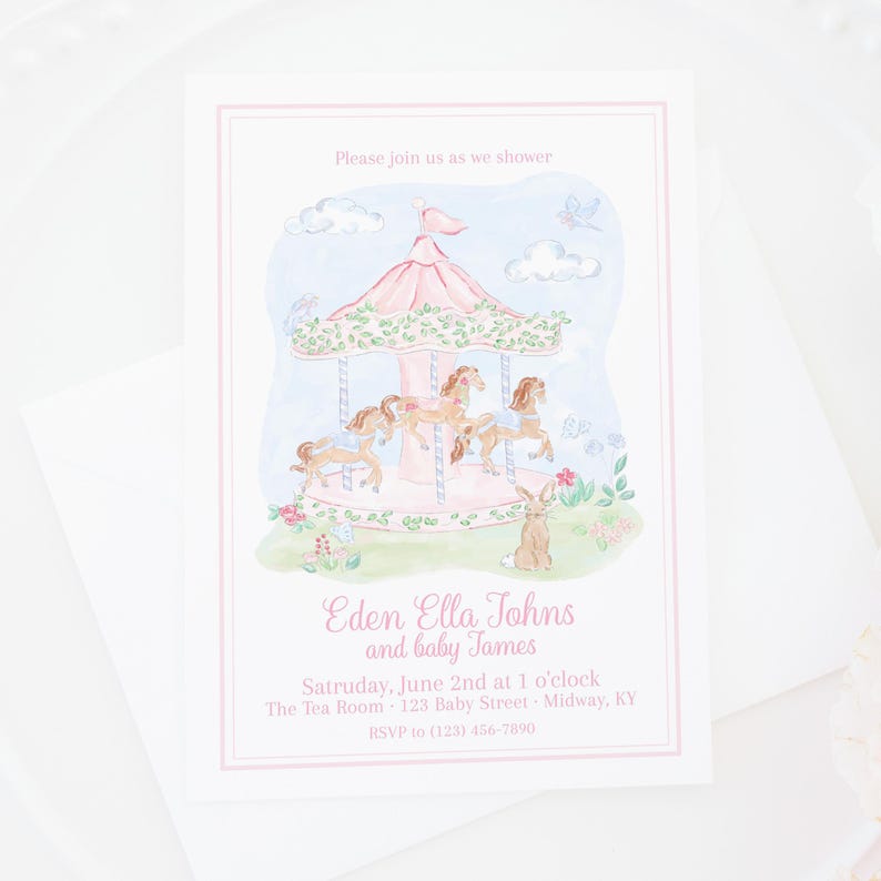 Pink Carousel Birthday Invitation: Watercolor Giraffes & Bunnies ...