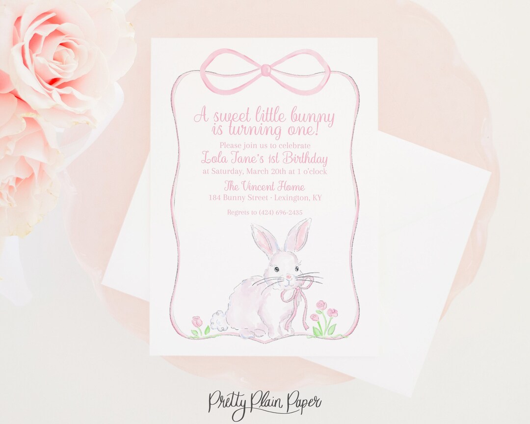 Invitation | 5x7 Printable | Watercolor Pink Bunny With Bow Border ...