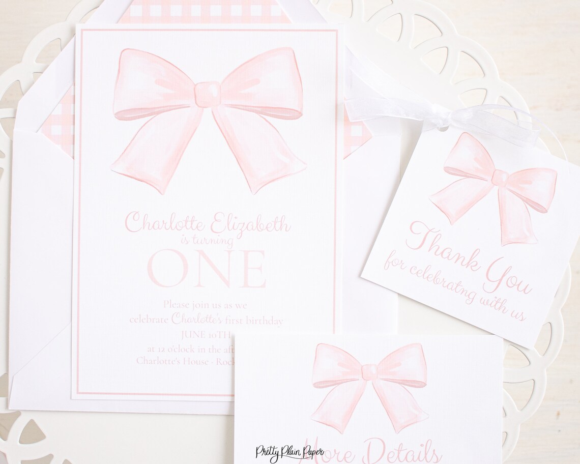 Watercolor Pink Bow First Birthday Invitation 1017 | Etsy