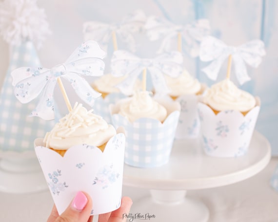 Blue Floral Bow Watercolor Printable Cupcake Toppers Download | Etsy