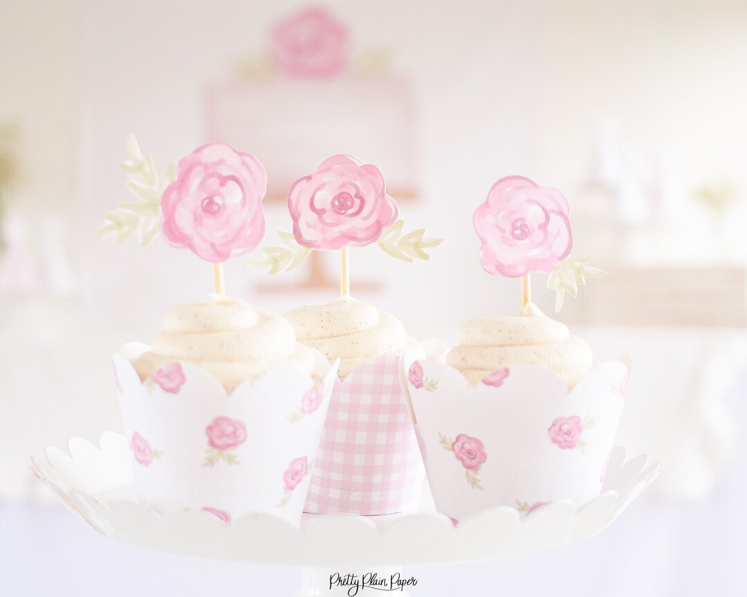 Pink Rose Watercolor Cupcake Toppers Download 1011, for Pink Rose Party ...