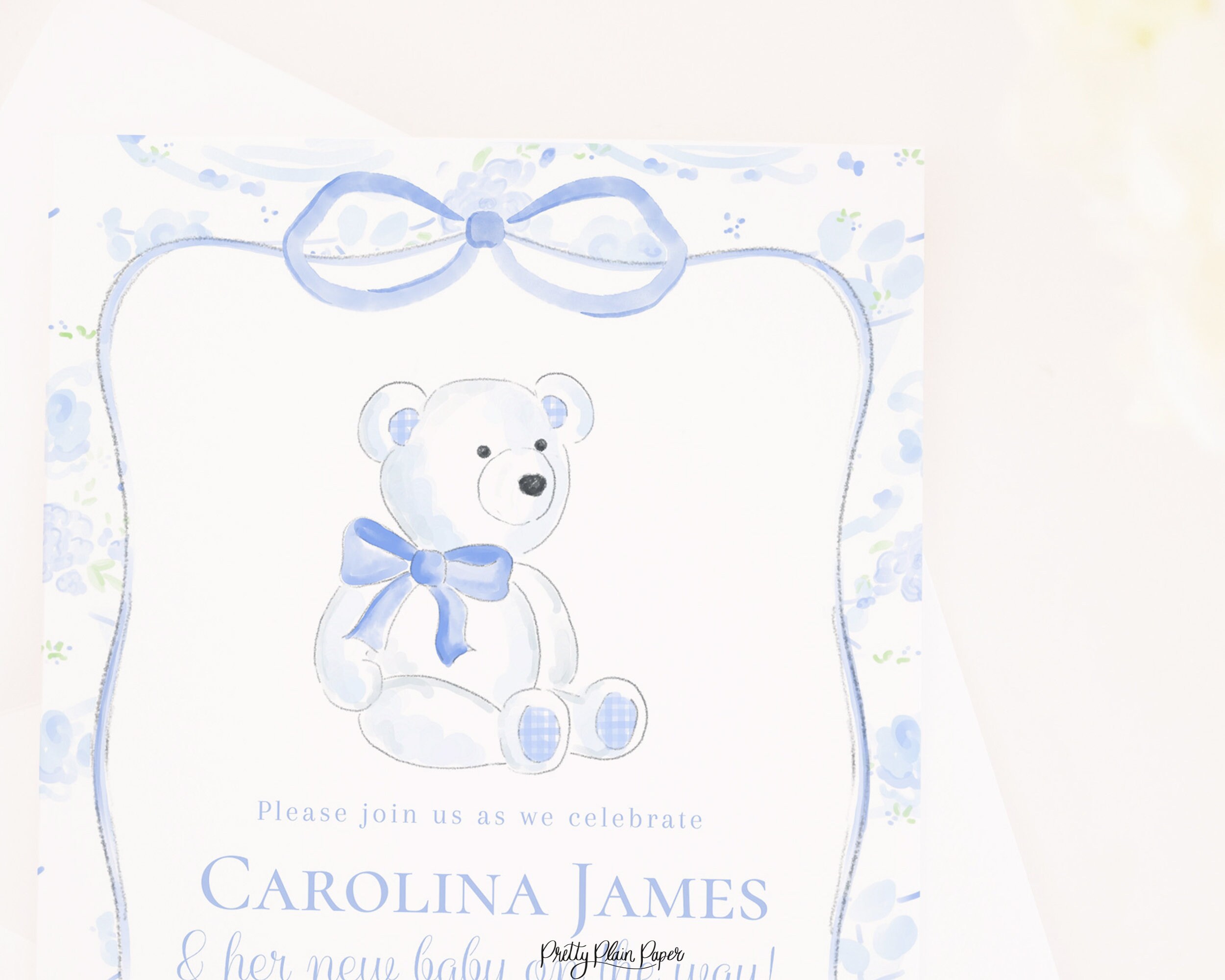 Watercolor Blue and White Teddy Bear Invitation Teddy Bear - Etsy