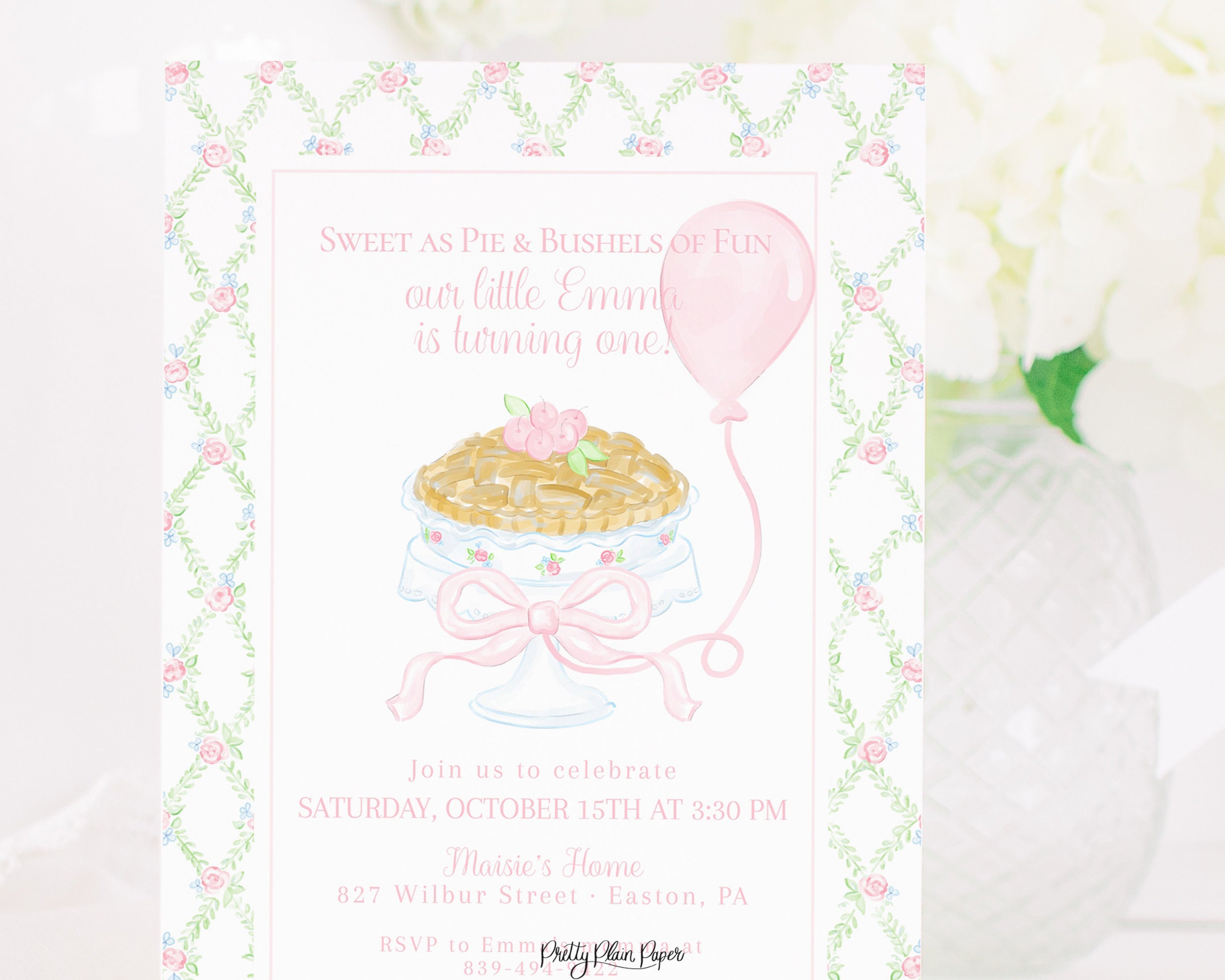 Watercolor Pie Theme Birthday Invitation Printable Pink - Etsy