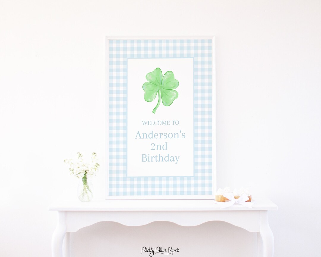 Blue Gingham Four Leaf Clover Welcome Sign, 24''x36'' | Watercolor ...