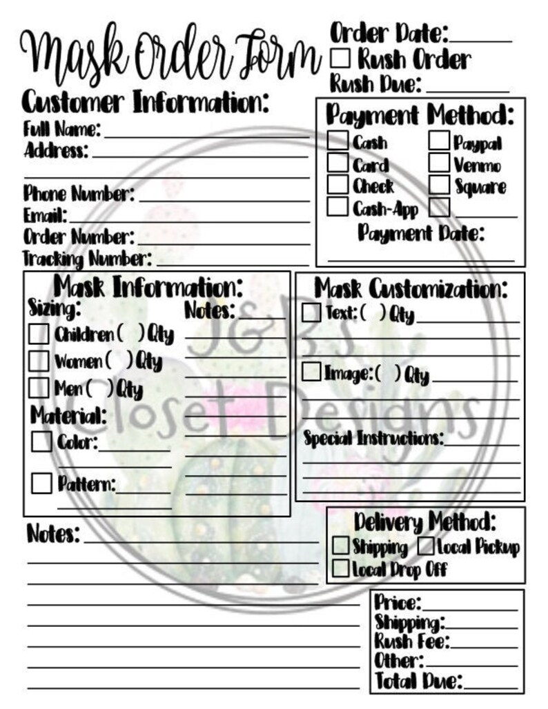Mask Order Form || Svg | Png | Jpeg | Pdf - Etsy