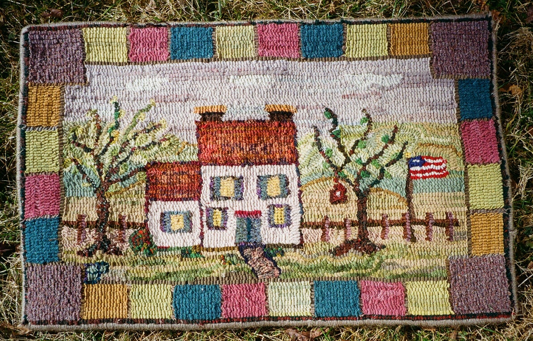 Primitive Hand Hooked Rug / Wall Hanging - Colonial House - Etsy