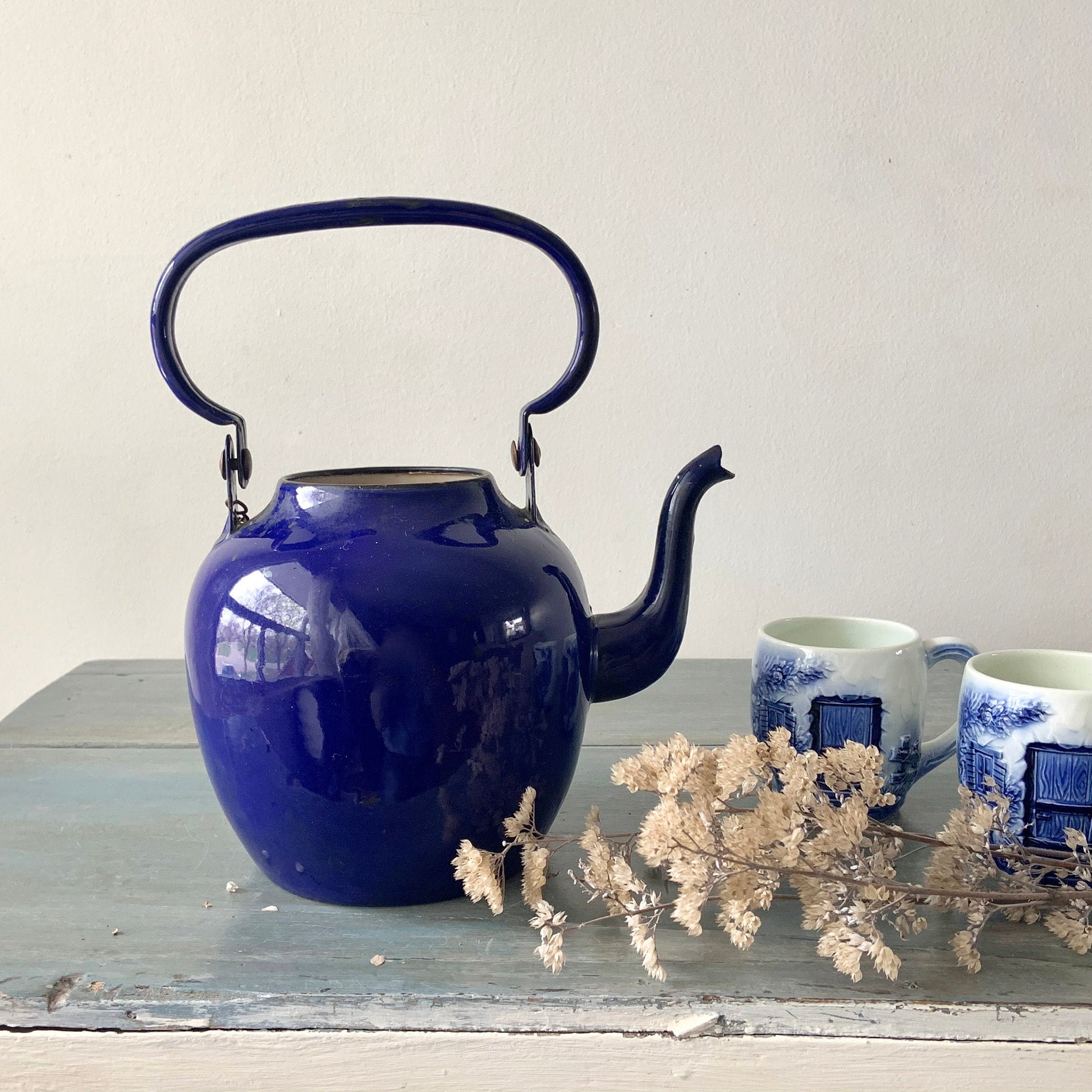 Blue Teapot Enamel coffee and tea pot Rustic Tea Kettle Vintage metal ...
