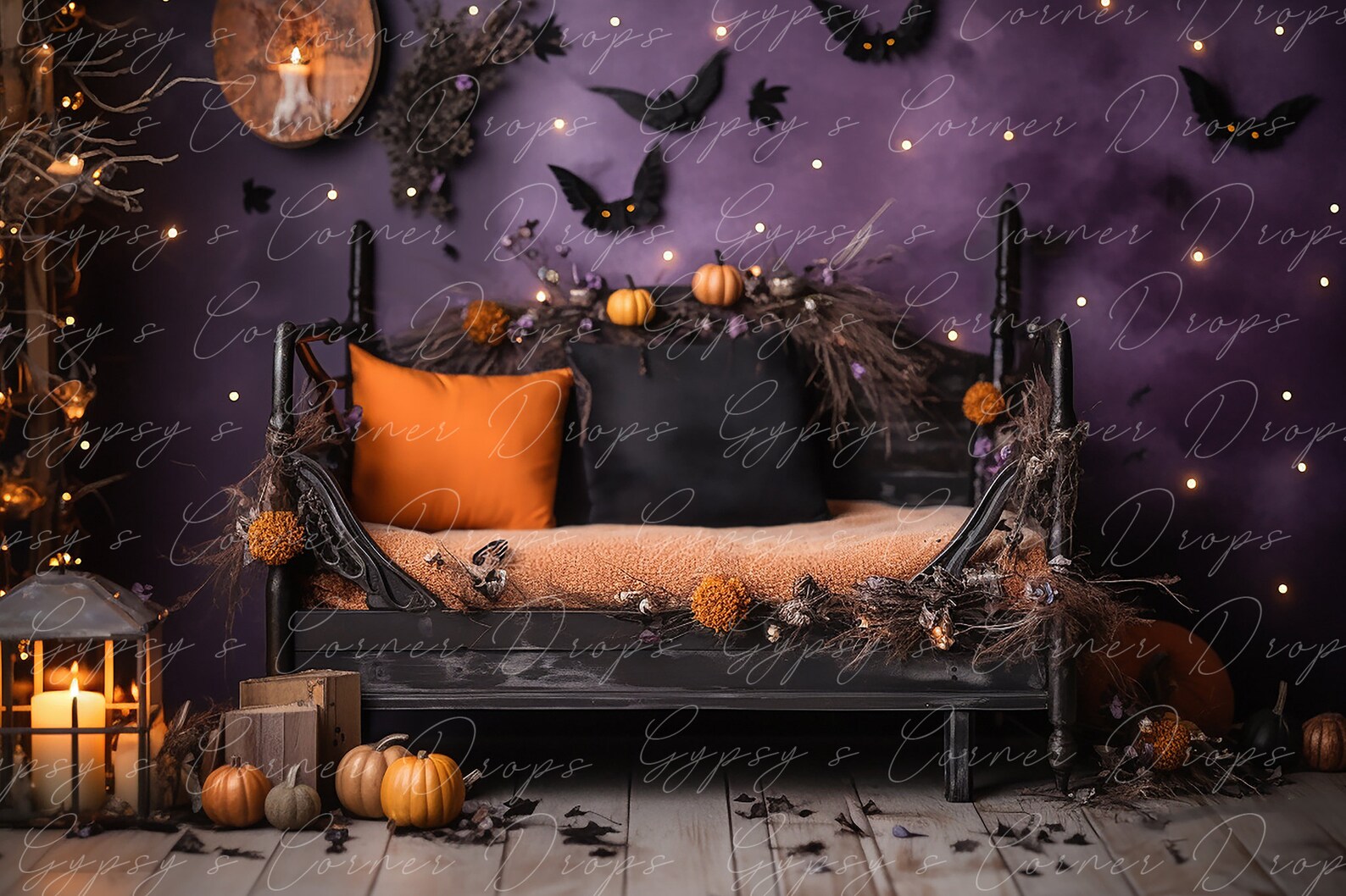 Set of 3, Newborn Digital Backdrops Halloween Themed Bed for a Baby ...
