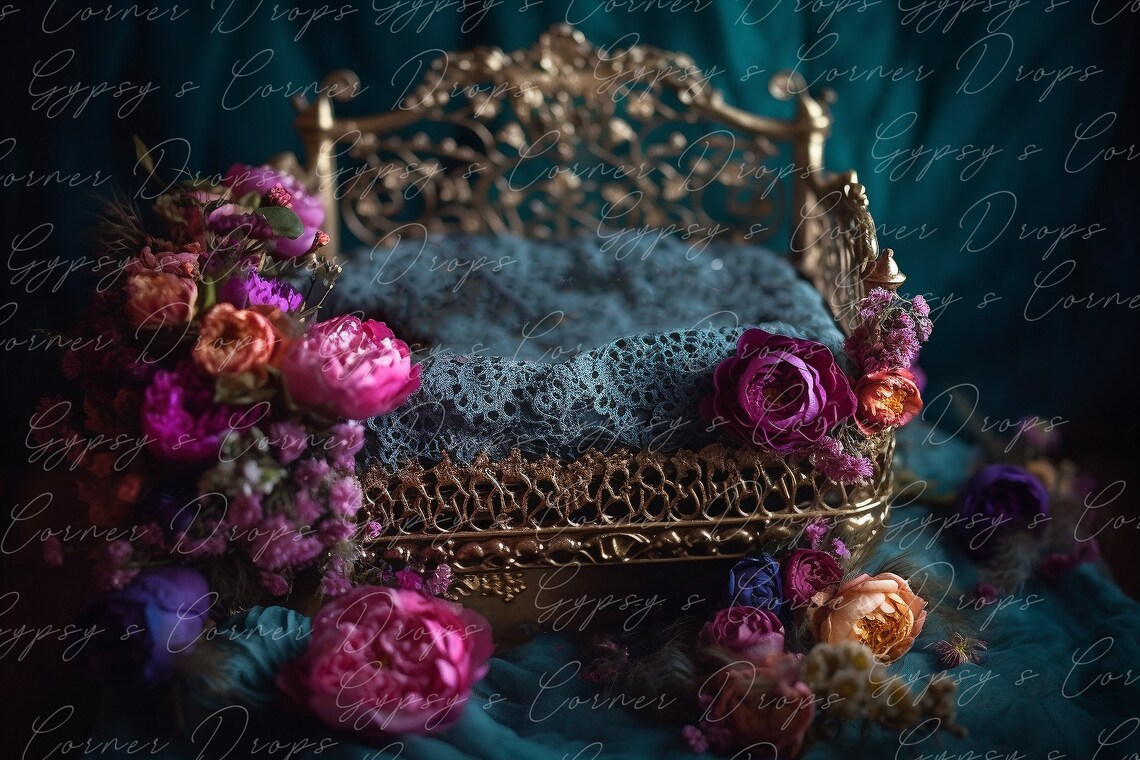 Newborn, Digital Backdrop, Digital Background, Baby, Girl, Bed, Flowers ...