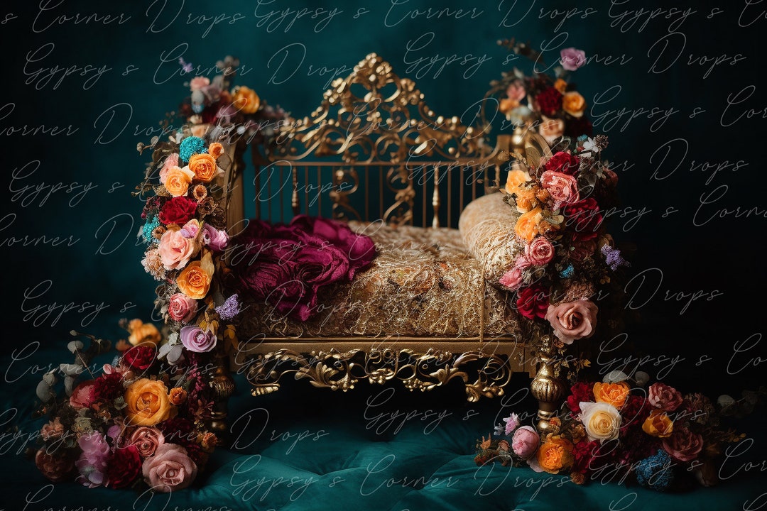 Newborn, Digital Backdrop, Digital Background, Baby, Girl, Bed, Flowers ...