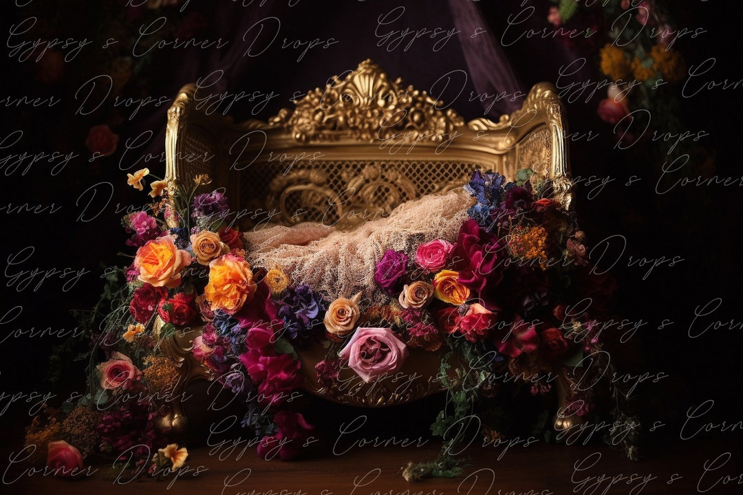 Newborn, Digital Backdrop, Digital Background, Baby, Girl, Bed, Flowers ...