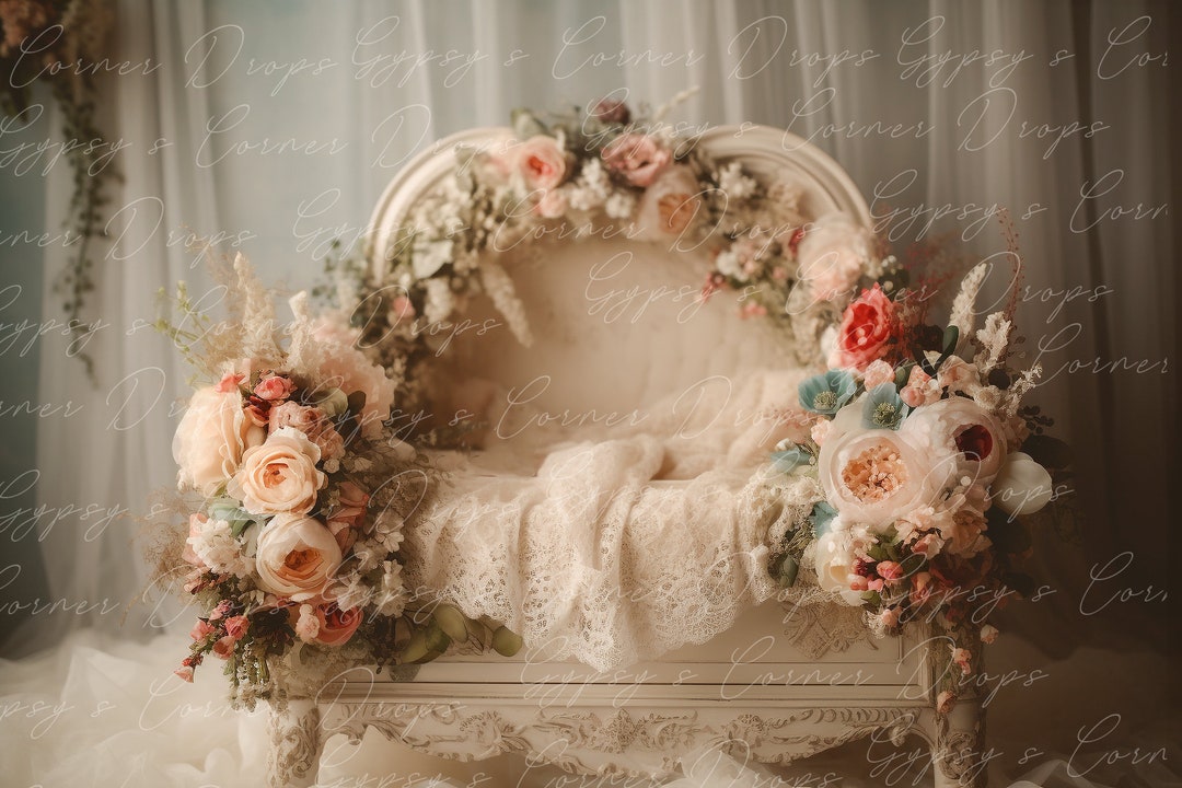 Newborn, Digital Backdrop, Digital Background, Baby, Girl, Bed, Flowers ...