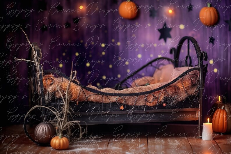 Set of 3, Newborn Digital Backdrops Halloween Themed Bed for a Baby ...