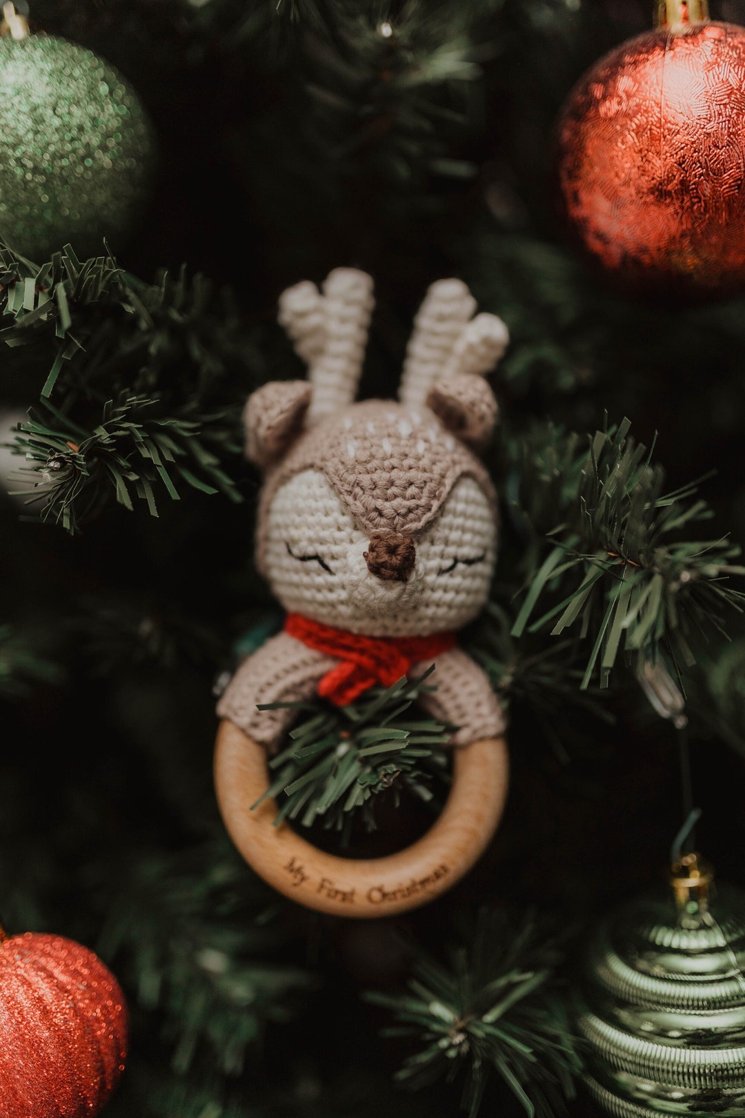 Baby's First Christmas Crochet Rattle & Teether, Handmade, Solid Wood ...