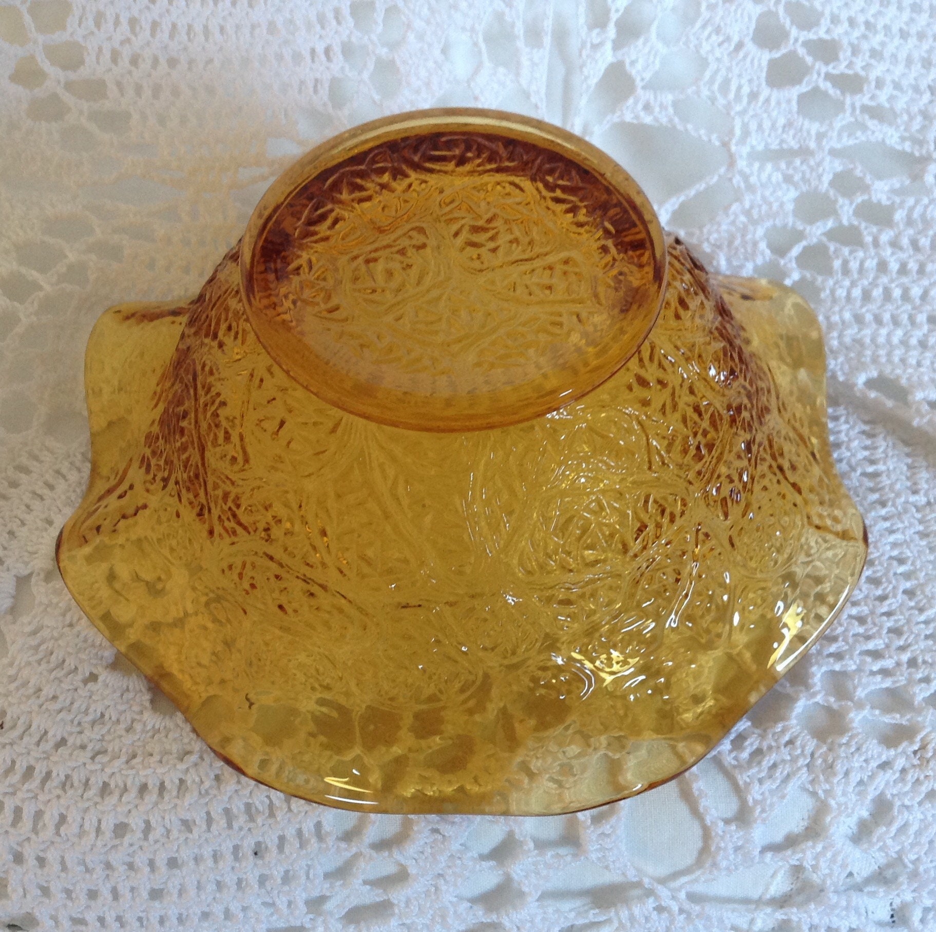 Vintage Amber Embossed Glass Bowl With Ruffled Edge - Etsy
