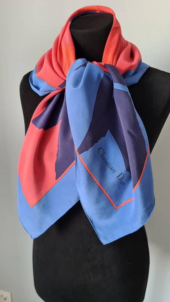 Silk Vintage Scarf Blue Red Roses Art - Etsy