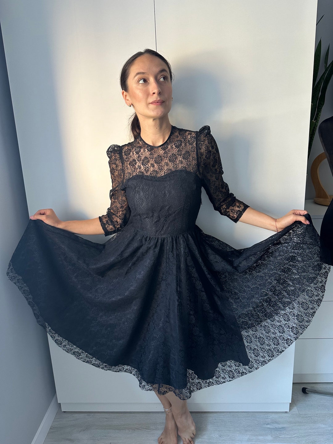 Lace Black 60s Evening Dress Babydoll Wednesday Style - Etsy