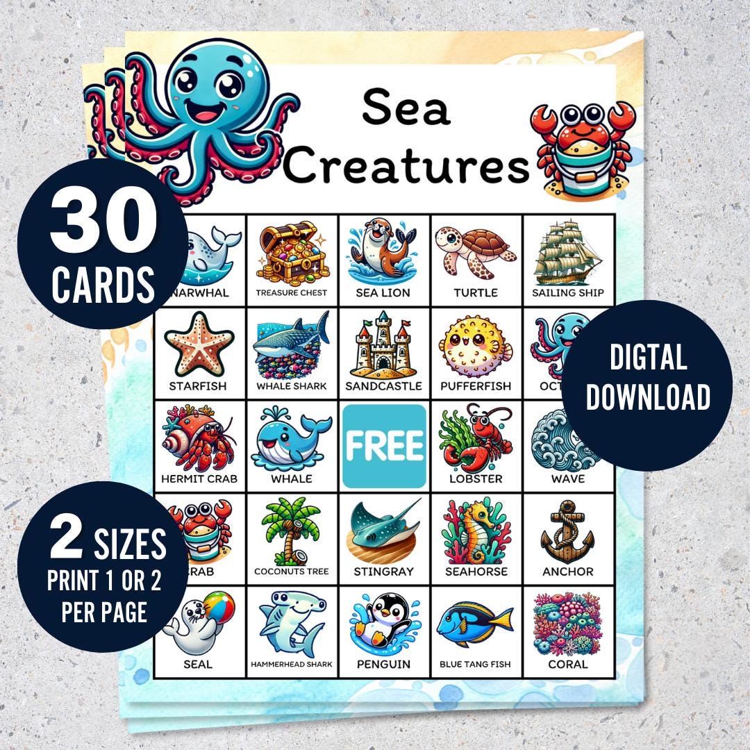 Sea Creatures Bingo Game | Printable Ocean Animal Bingo | Digital ...