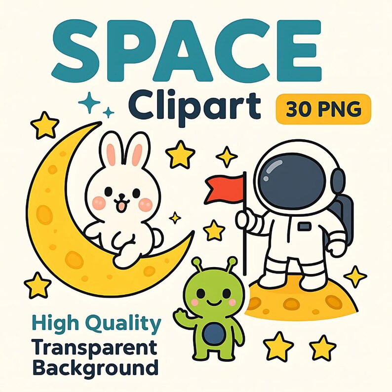 Cute Space Clipart PNG Set, 30 Kawaii Astronaut Alien Moon Elements ...