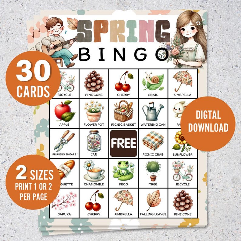 Spring Bingo Game, Printable Bingo Cards, 30 Bingo Sheets, Nature Bingo ...