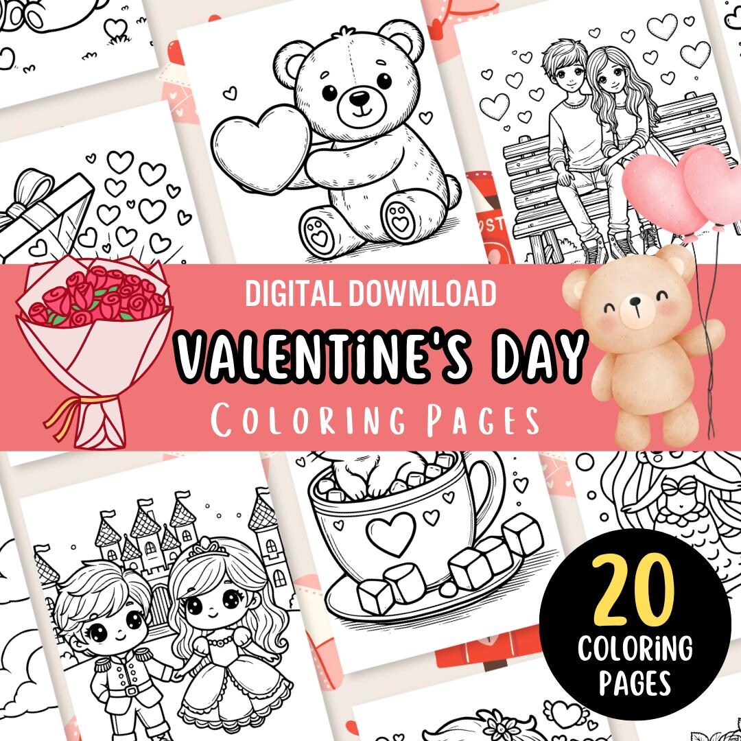 Valentine's Day Coloring Pages Cute Love Printable PDF Kids & Adults ...