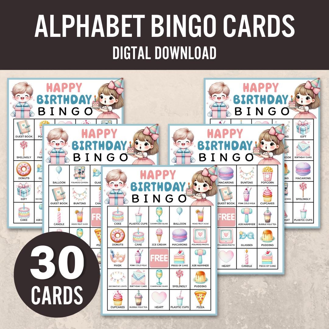 Birthday Bingo Game Printable, Cute Party Bingo Cards, Kids Birthday ...