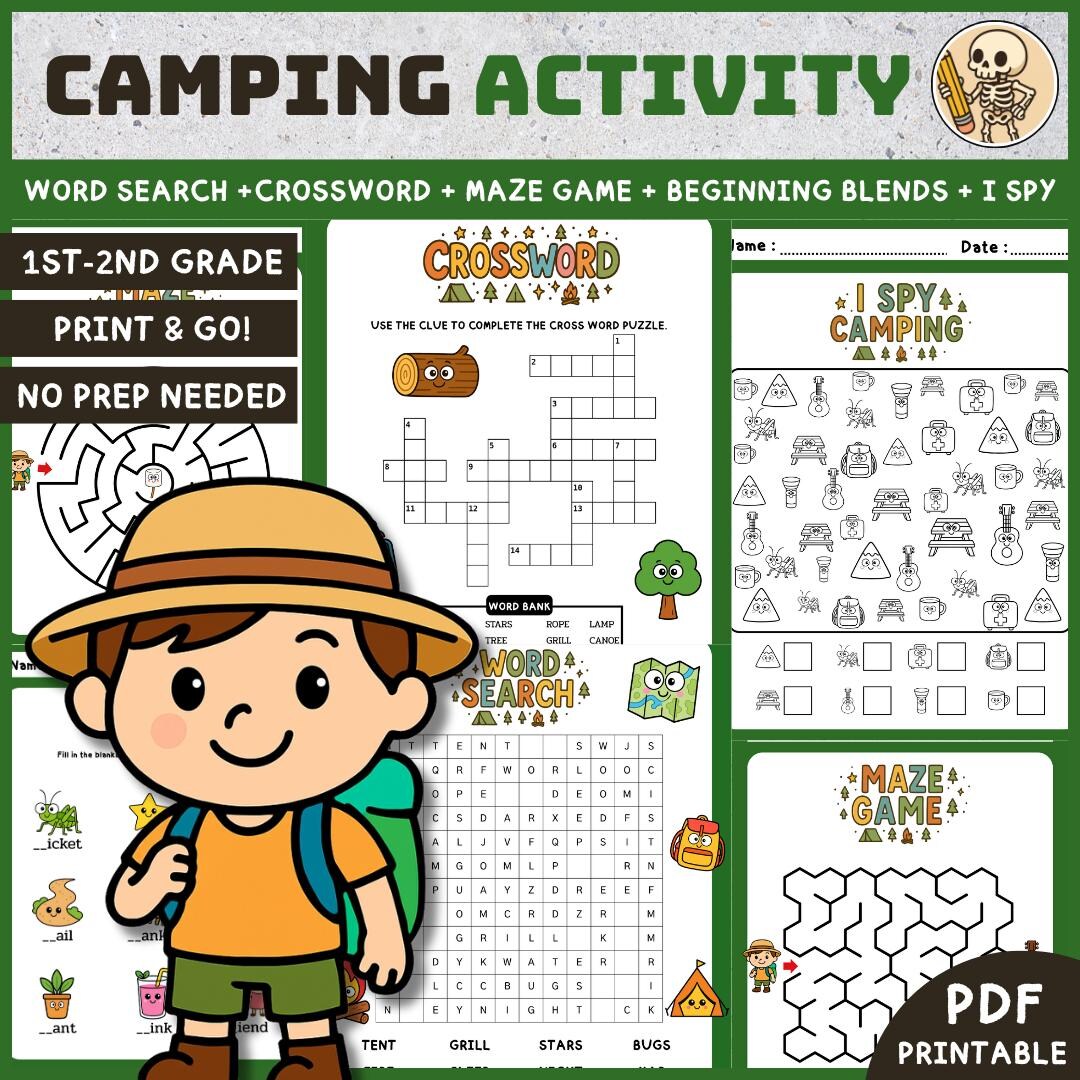 Camping Activity Pack for Kids – Printable Games With Crossword, Word ...