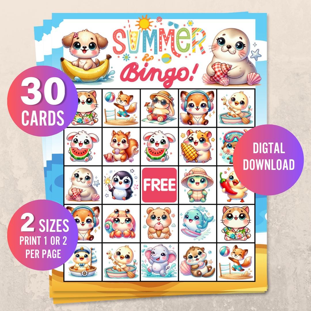 Summer Bingo Game Printable, Cute Animal Bingo Cards, Kids Summer ...
