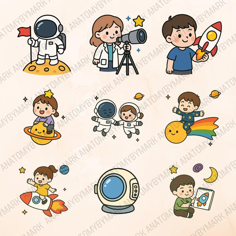 Cute Space Clipart PNG Set, 30 Kawaii Astronaut Alien Moon Elements ...
