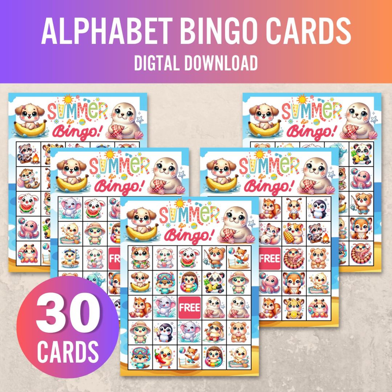 Summer Bingo Game Printable, Cute Animal Bingo Cards, Kids Summer ...