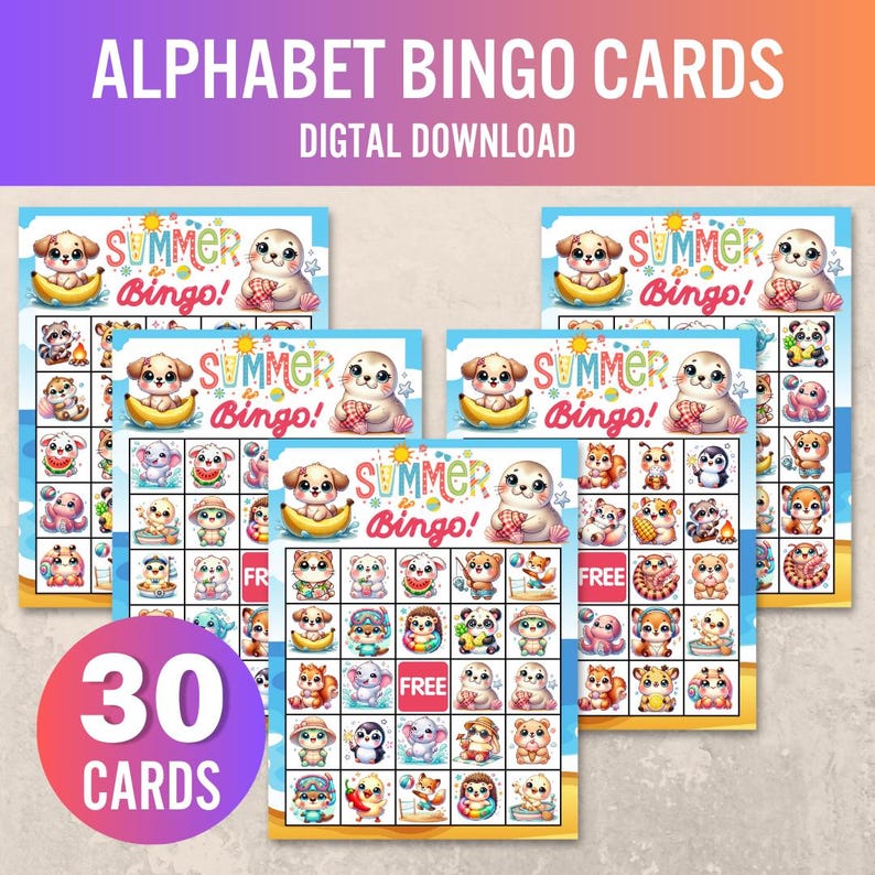 Summer Bingo Game Printable, Cute Animal Bingo Cards, Kids Summer ...