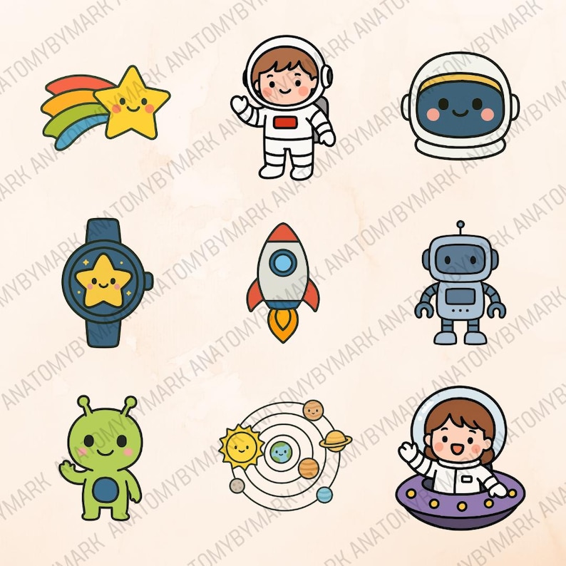 Cute Space Clipart PNG Set, 30 Kawaii Astronaut Alien Moon Elements ...