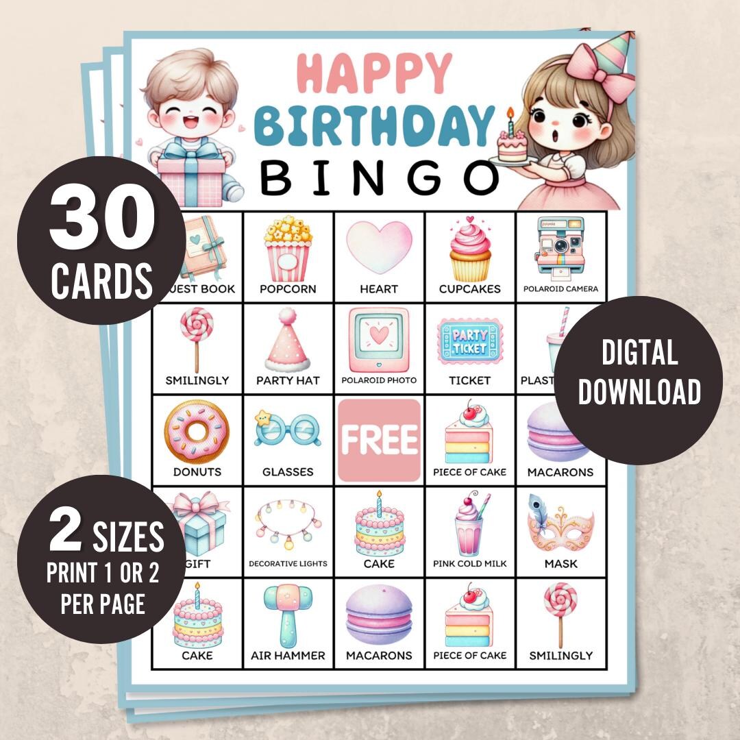 Birthday Bingo Game Printable, Cute Party Bingo Cards, Kids Birthday ...