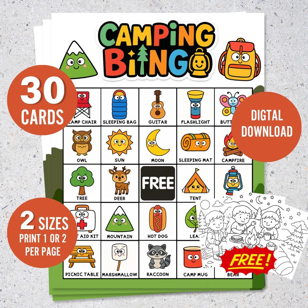 Camping Bingo Game for Kids Printable – 30 Cute Cards + Call Outs ...