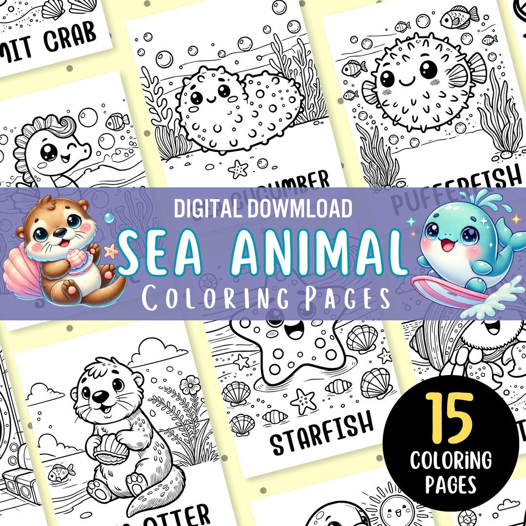 Sea Animal Coloring Pages for Kids, Cute Ocean Creatures Coloring Book ...