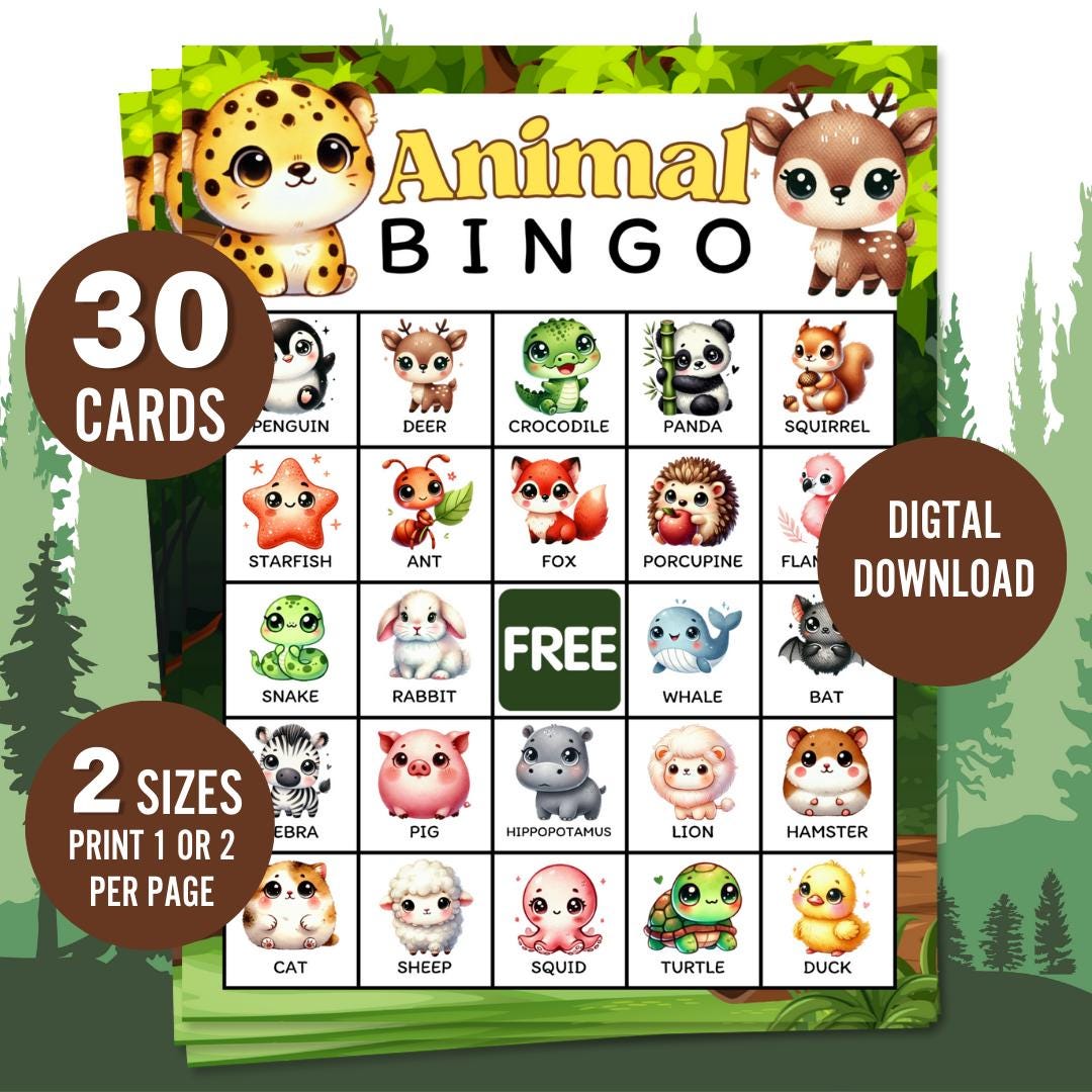 Animal Bingo Game Printable | Cute Animal Bingo Cards | Kids Party Game ...