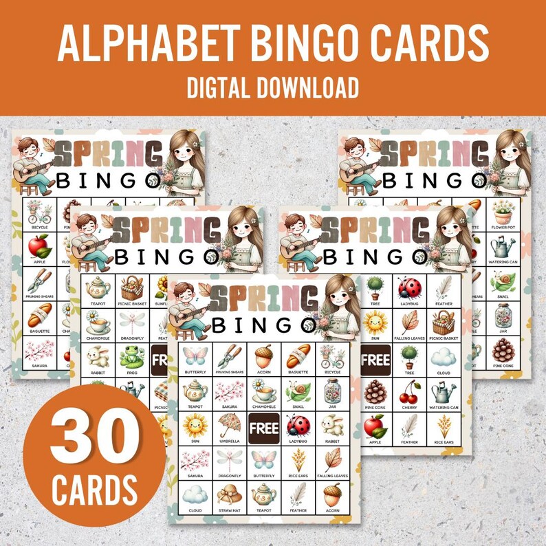 Spring Bingo Game, Printable Bingo Cards, 30 Bingo Sheets, Nature Bingo ...