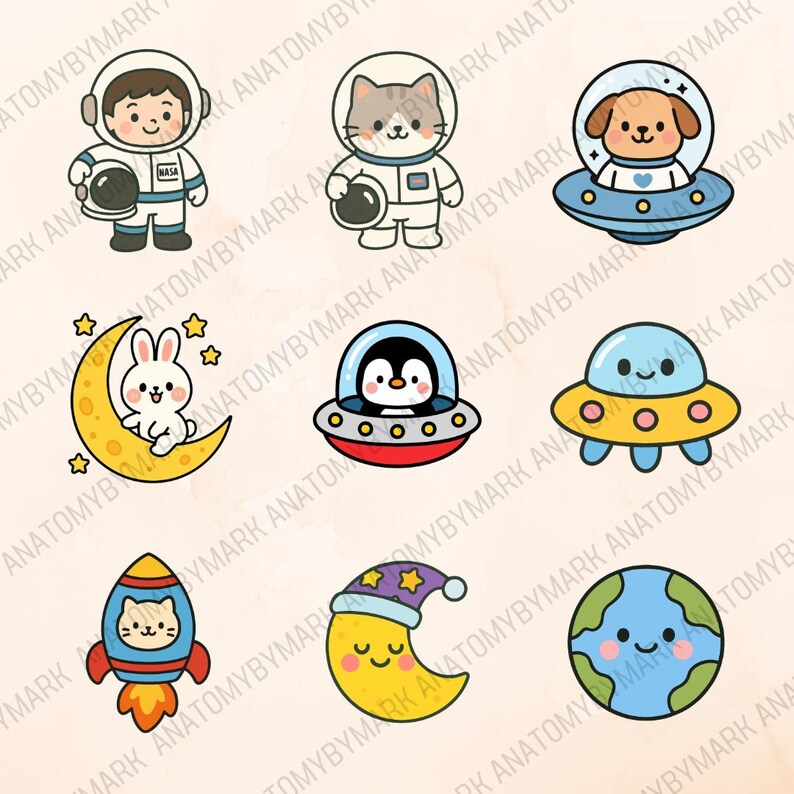 Cute Space Clipart PNG Set, 30 Kawaii Astronaut Alien Moon Elements ...