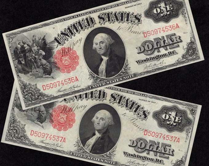 2 Consecutive - 1 Dollar 1917 Legal Tenders - United States Notes- USN ...