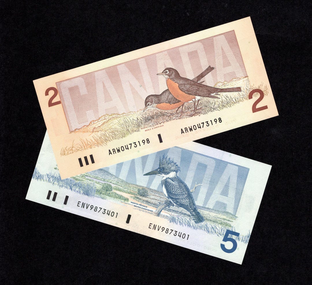 2 Note Set - Birds of Canada Series - 2 Dollar & 5 Dollar 1986 Bank of ...