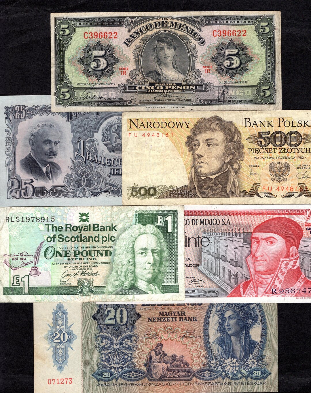 6 Note Set of World Notes - Mexico, Scotland, Poland, Hungary, Bulgaria ...