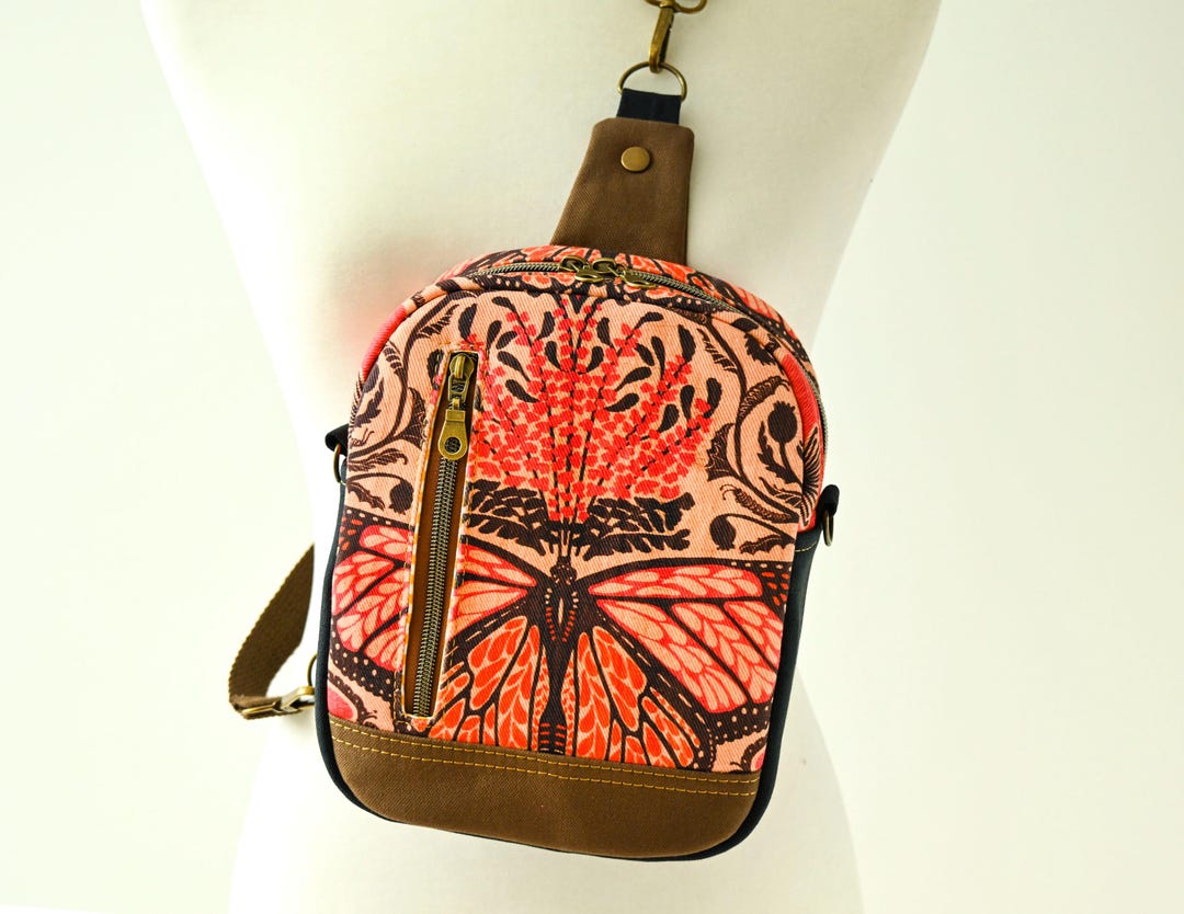 Monarch Butterfly Sling Bag. Orange Denim Crossbody. Mini Pebble Sling ...