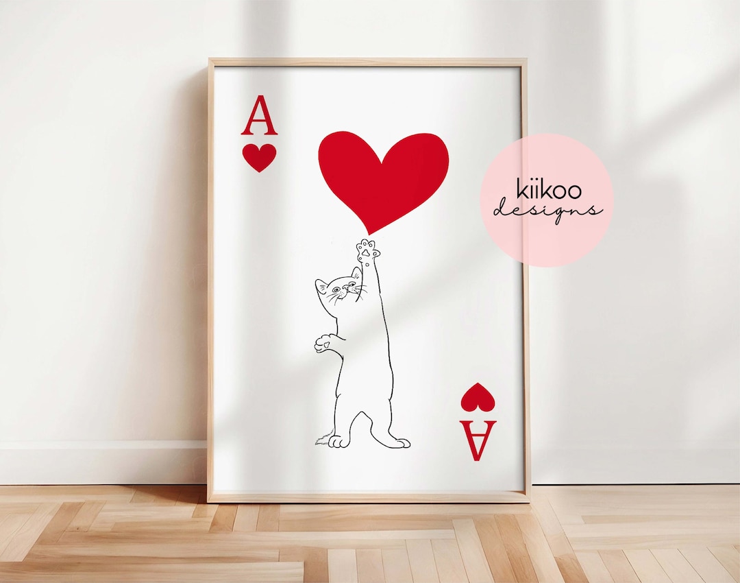Ace of Hearts Print. Trendy Wall Art. Cat Illustration. Retro - Etsy