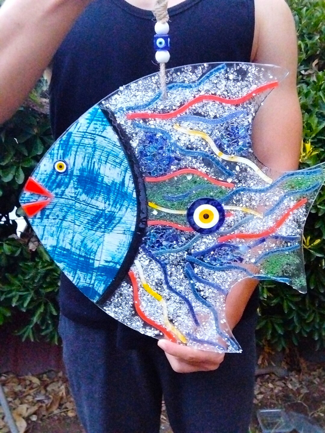 Fish Evil Eye 15.74 Glass Bead Wall Hanging, Turkish Handmade Big ...