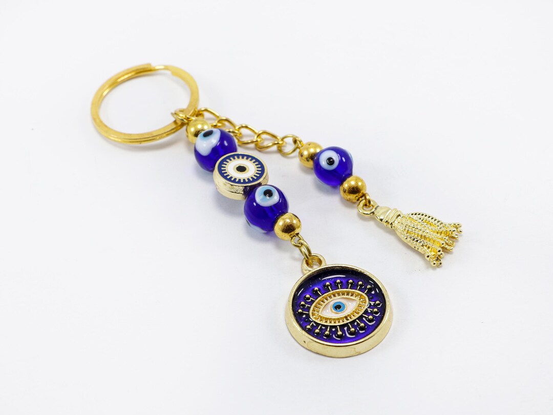 Dark Blue Evil Eye Keychain, Unique Protection Gifts, Turkish Gold ...